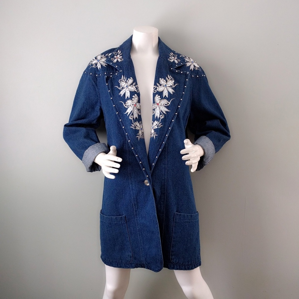 Vtg Embroidered Denim Western Long Blazer Jacket - Gem